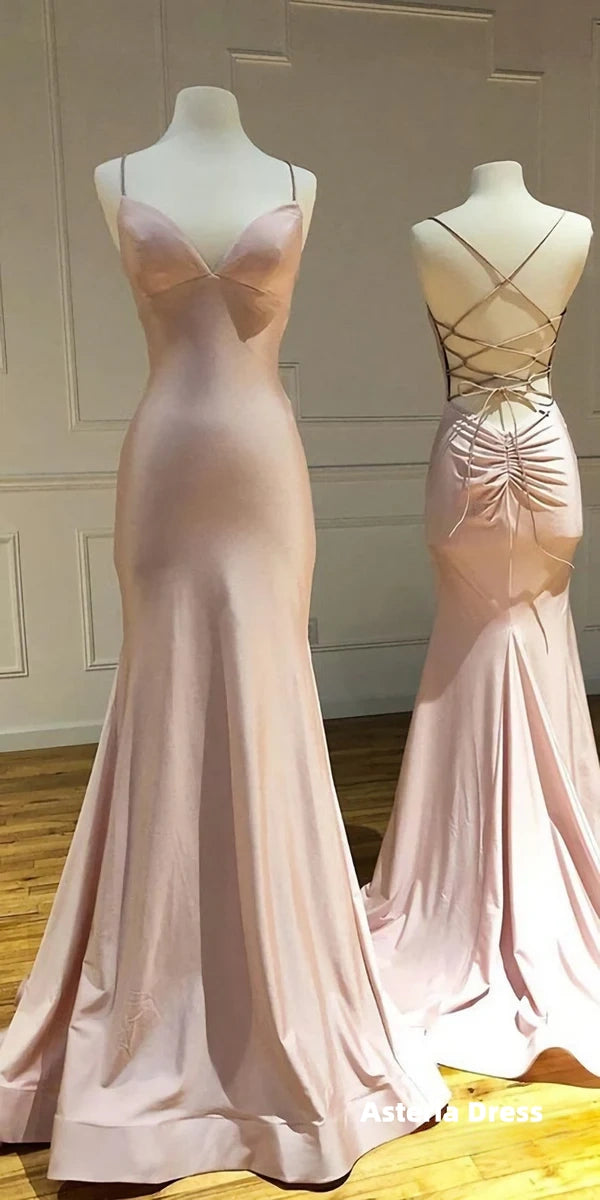 Mermaid Trumpet Prom Dress, Pink Satin Criss Cross Long Evening Gowns ...